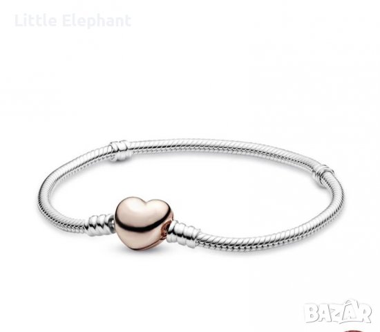 Сребърна гривна Пандора със закопчалка сърце,Rose Gold,змийска плетка ...