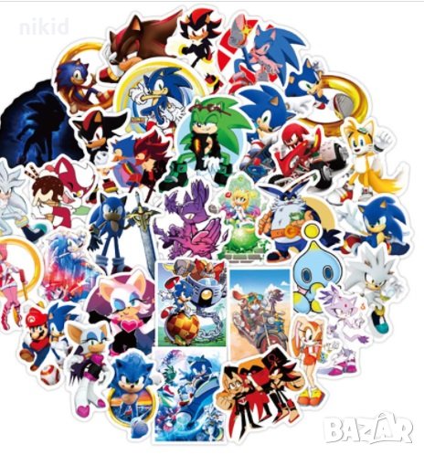 # 1 вид: 50 бр Соник Sonic самозалепващи лепенки стикери за украса ...