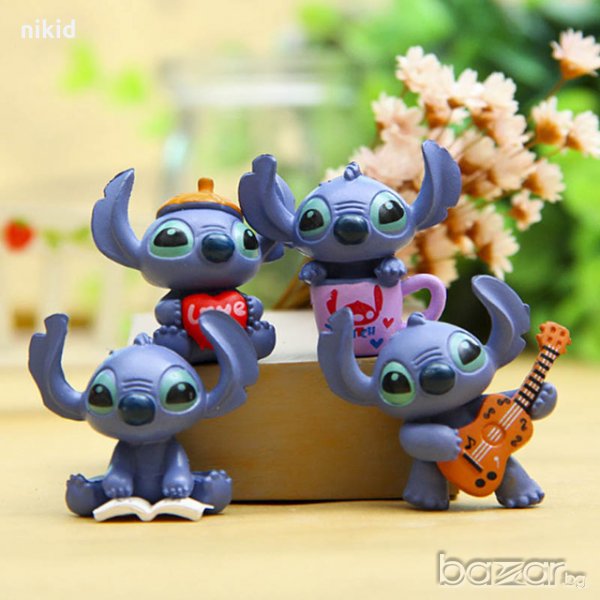 4 бр малки Стич Stitch фигурки пластмасови PVC за игра и украса торта ...